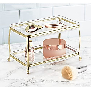 mDesign Decorative Makeup Storage Organizer Vanity Tray for Bathroom Counter Tops, 2 Levels to Hold Makeup Brushes, Eyeshadow Palettes, Lipstick, Perfume and Jewelry - Soft Brass/Clear