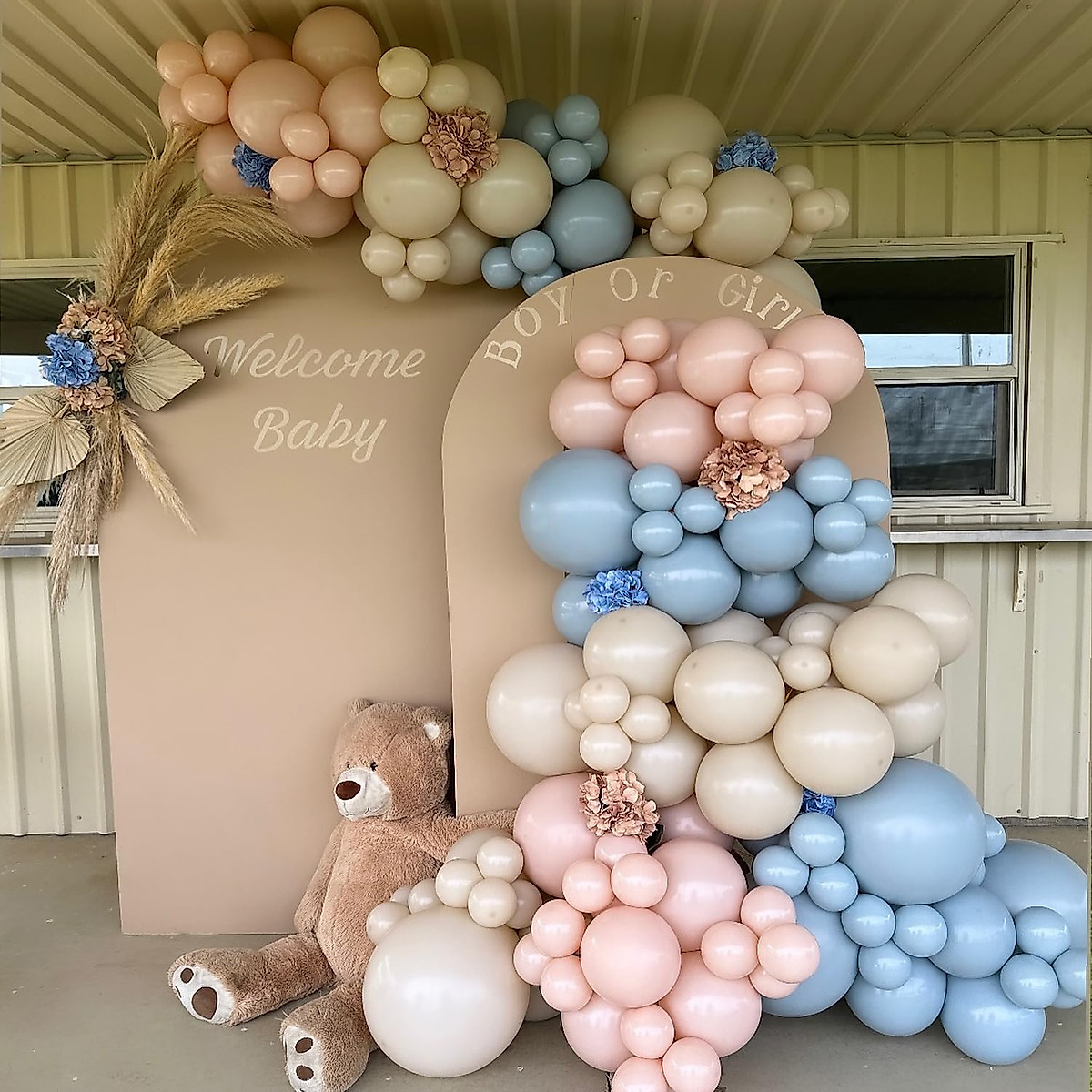 Gender Reveal Decorations,154pcs Pink Blue White Balloon Arch Garland Kit,Dusty Pink Dusty Blue White Sand Balloons For Boho Gender Reveal Oh Baby Shower Bear Birthday Party Decoration