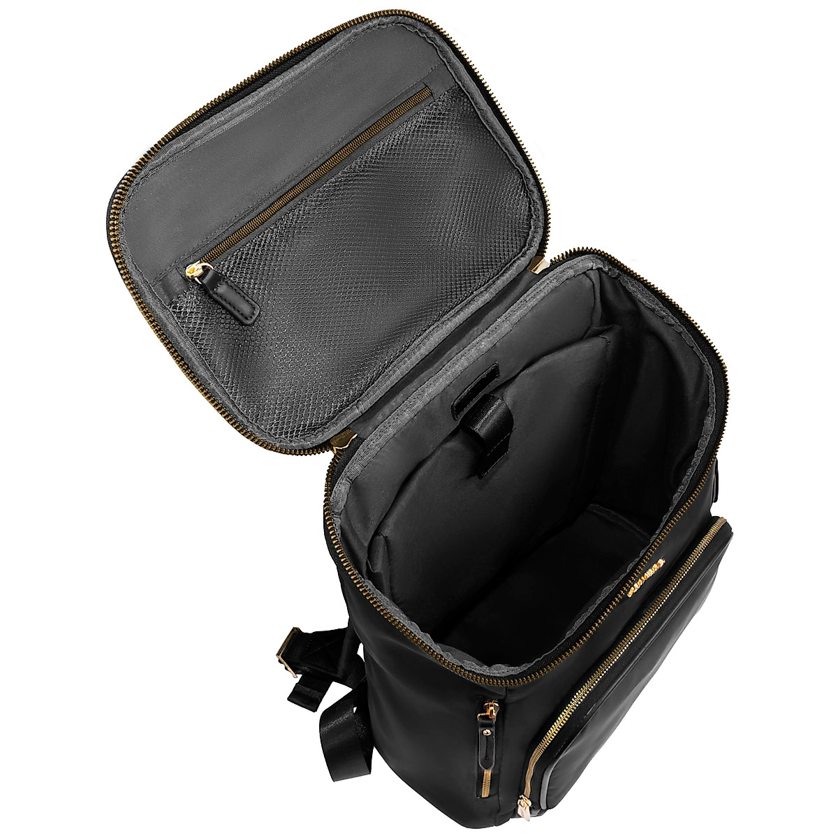 Joan & David Twill Nylon 18" Backpack with Padded Laptop Sleeve, and Luggage Strap with 1 Free TSA Approved Bottle, Fits Up To 15" Inch Laptop (Black)