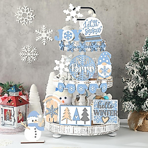 FairySandy 20 Pcs Tiered Tray Decor Snowflake Snowman Gnome Wooden Signs Winter Wonderland Table Centerpieces Rustic Farmhouse Tabletop Sign Decor for Party Home Christmas Holiday