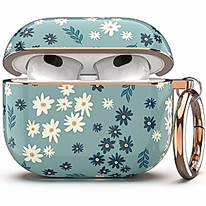 TATOFY Case Cover for AirPods 3, AirPods 3 Case for Women, Flora Protective Hard Case with Carabiner, Led Visible, Wireless Charging Compatible (Cyan)