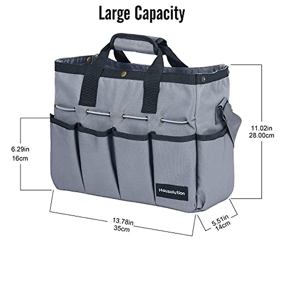 Housolution Garden Tote Bag, 900D Gardening Tool Bag, Garden Tote Storage Bag with Pockets & Long Adjustable Shoulder Strap, Home Tools Organizer Garden Tool Kit Holder, Standable, 14 Inch, Gray