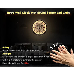 Abdurey Night Light Wall Clock, 12" White Retro-Vintage Style, Silent Battery Operated, Sound Control Sensor Lighted Wall Clocks, for Bedroom, Living Room, Farmhouse (Tree of Life Warm Light)