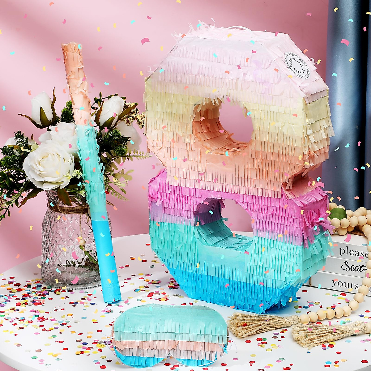 Jenaai 16 Inch Number Piñata Macaron Piñata Small Kids Birthday Party Piñata with Blindfold Stick and Confetti Small Piñata for Birthday Unicorn Birthday Wedding Baby Shower Decor(Number 8)