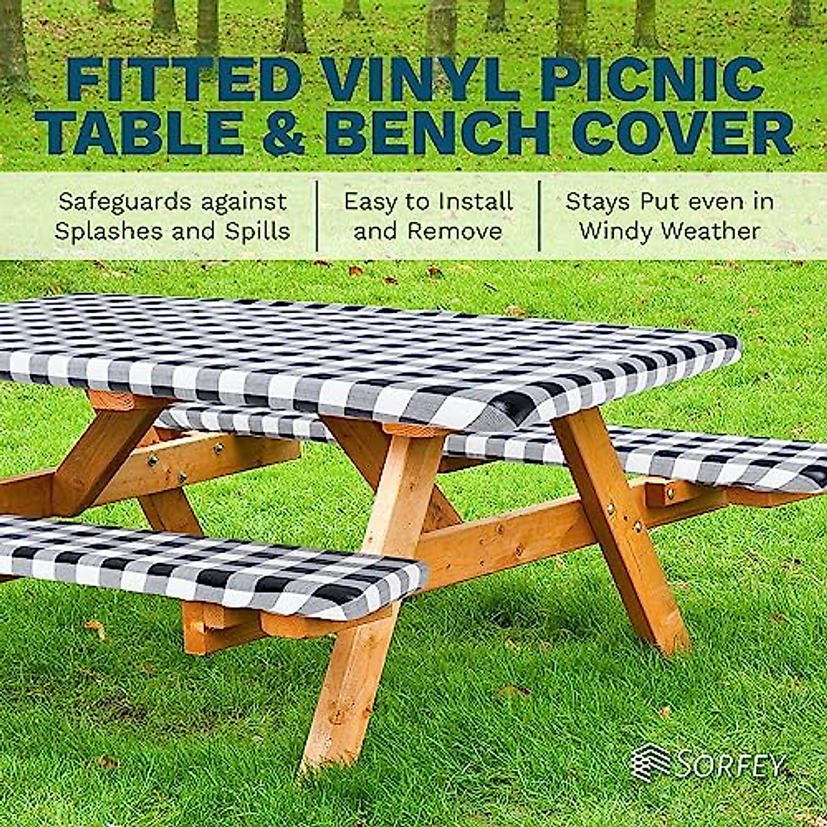 Sorfey Picnic Table Cover with Bench Covers -Fitted with Elastic, Vinyl with Flannel Back, Fits for Table 28"x 72" Rectangle,Water Proof, Easy to Clean, Checked Blue Design
