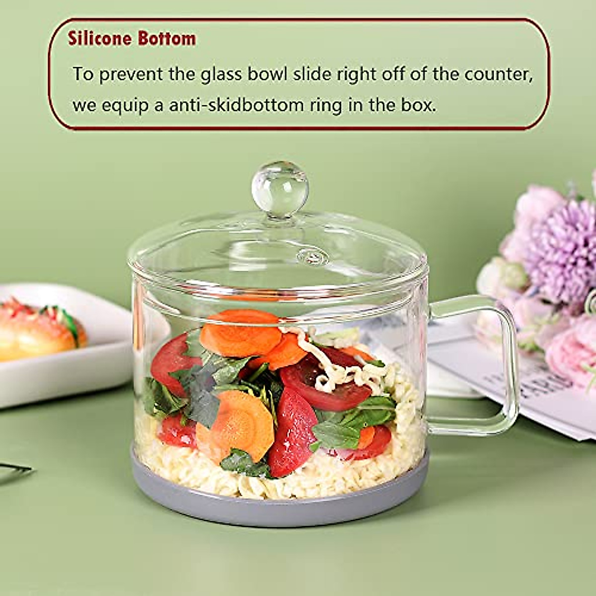 CZFWin Glass Soup Bowl with Lid and Handle, 47 FL OZ Glass Ramen Noodle Bowl Microwave Safe, Clear Glass Simmer Pot for Cooking on Stove