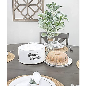 AuldHome Enamelware White Cake Cover; Rustic Decorative Cake Plate with Domed Lid