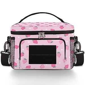 AUUXVA Cute Strawberry Tactical Lunch Bag for Men Women Adult Work Beach Picnic, Polka Dot Pink Lunch Box with Shoulder Strap Meal Prep Organizer Heavy Duty