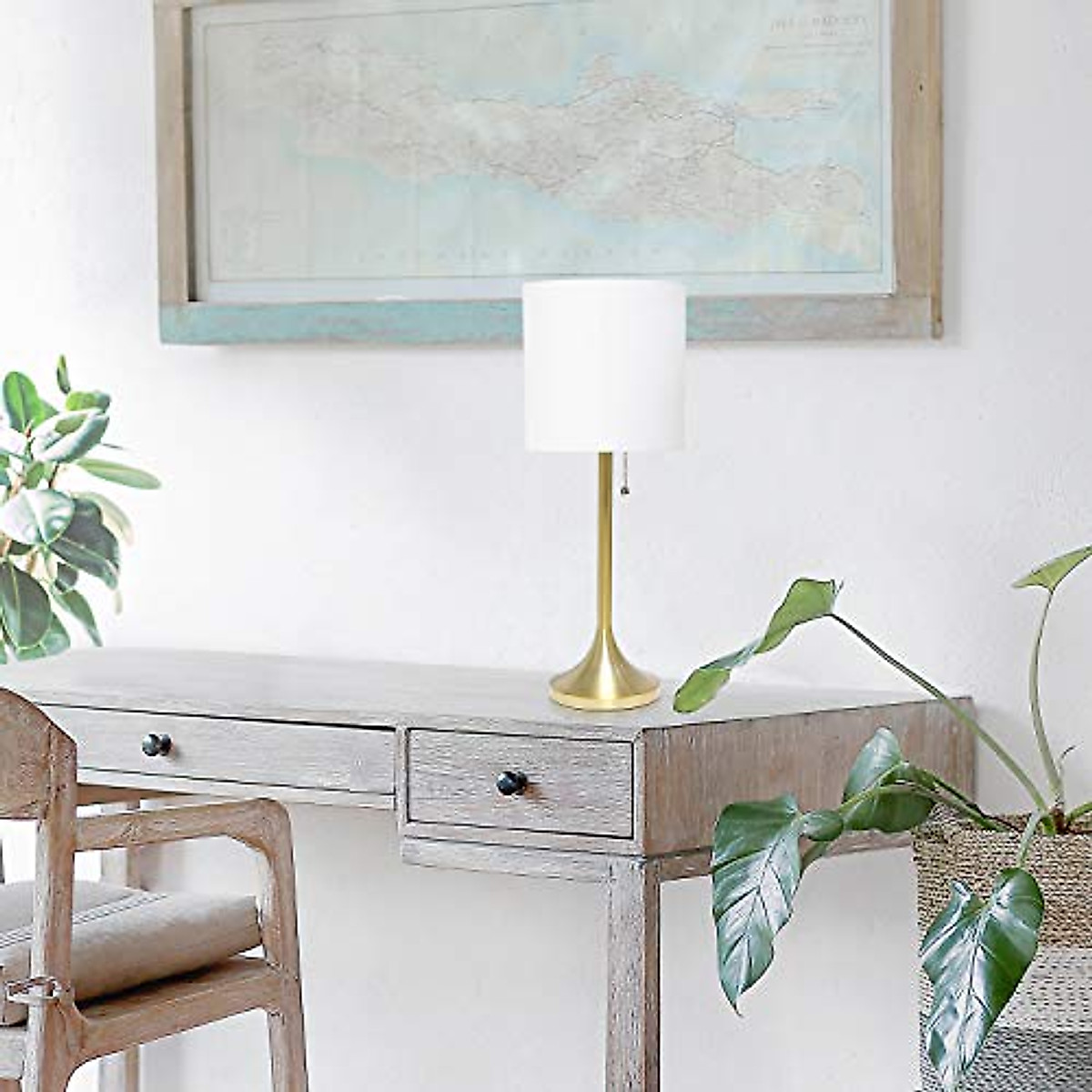 Simple Designs LT1076-GDW Tapered Fabric Drum Shade Table Lamp, Gold/White 8 x 8 x 21