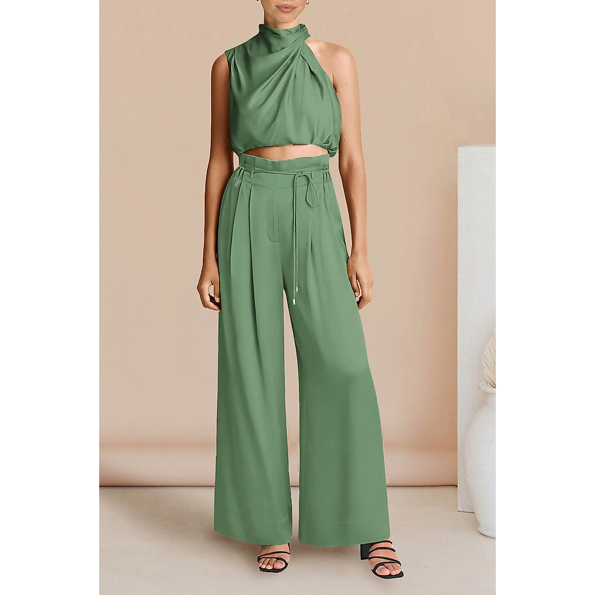 PRETTYGARDEN Women's 2 Piece Outfits 2024 Summer Casual Sleeveless Mock Neck Crop Tops Wide Leg Pants Set (Light Green,Large)