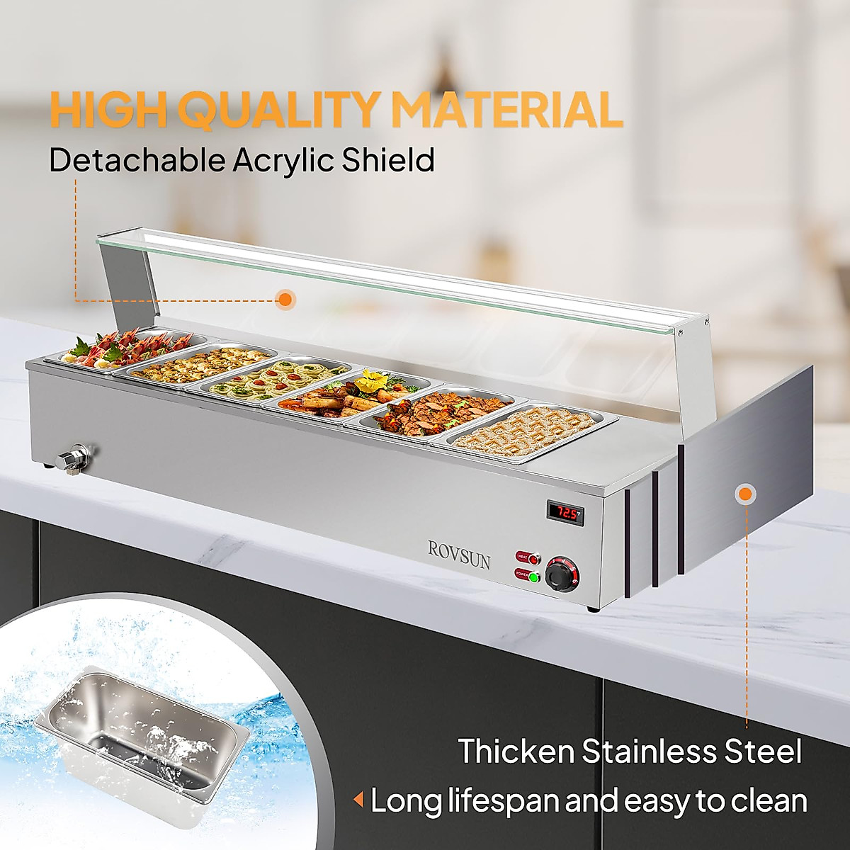 ROVSUN 48QT 1500W Electric Commercial Food Warmer, 6-Pan Steam Table 8QT/Pan Stainless Steel Bain Marie Countertop w/Acrylic Shield Temperature Control & Lid for Buffet Restaurant 110V