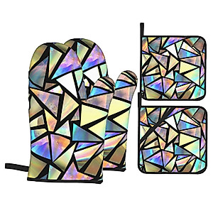 Iridescent Bright Triangles Oven Mitts and Pot Holders Set of 4, Oven Mittens and Potholders Heat Resistant Gloves for Kitchen Cooking Baking Grilling BBQ