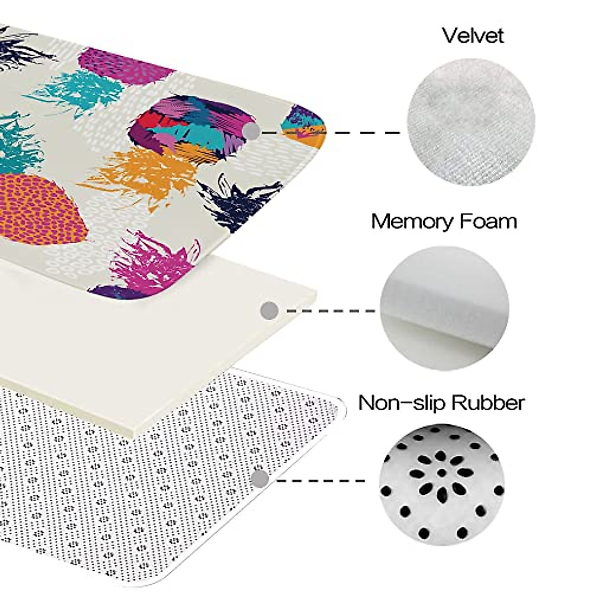 Kntiline Pineapple Bathroom Rugs and Mess Colorful Graffiti Mats Sets 3 Piece, Velvet Memory Foam Tropical Fruit Theme Bath Mat, Large Small and U-Shaped Contour Shower Mat Non-Slip Washable