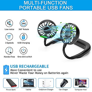 RJVW Portable Neck Fan, Hand Free Personal Hanging Neck Sports Fan USB Rechargeable (3 Speed Adjustable) Wearable Cooling Head Fan,360 Degree Free Rotation for Traveling, Sports, Office, Reading