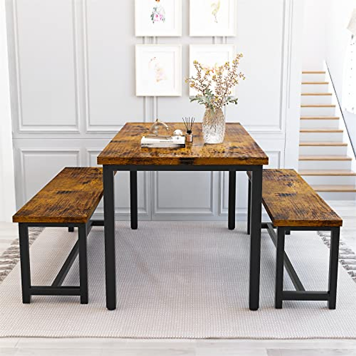 Recaceik 47" Dining Room Table Set with 2 Benches, Kitchen Dining Table Set for 4 Persons, Space Saving Kitchen Table and Chair Set for Dining Room, Small Space, Breakfast Nook(Brown)