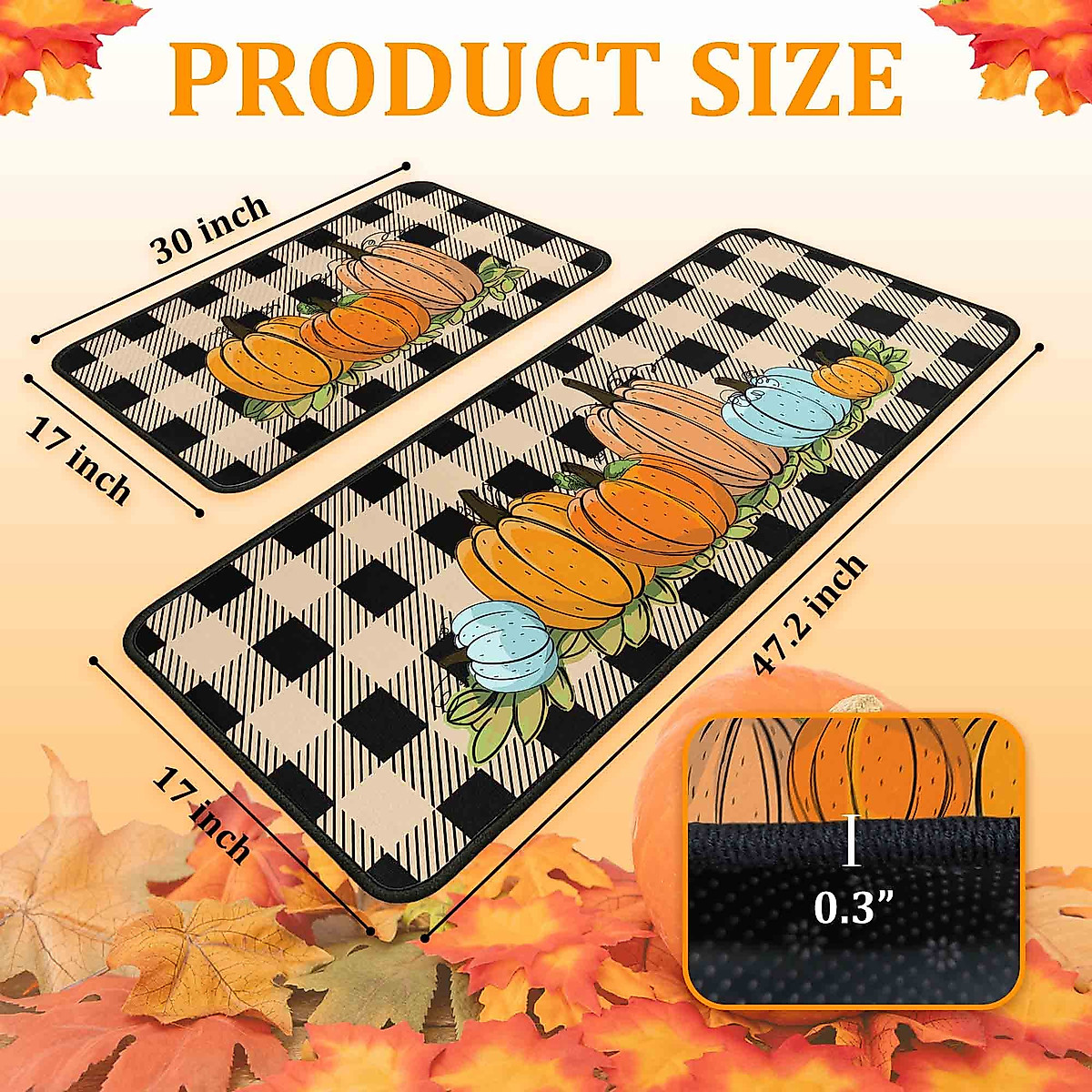 Buffalo Plaid Pumpkin Fall Decorative Kitchen Rugs Set of 2,Non Skid Washable, Home Seasonal Fall Holiday Party Autumn Harvest Thanksgiving Kitchen Mat 17"x47"+17"x30"