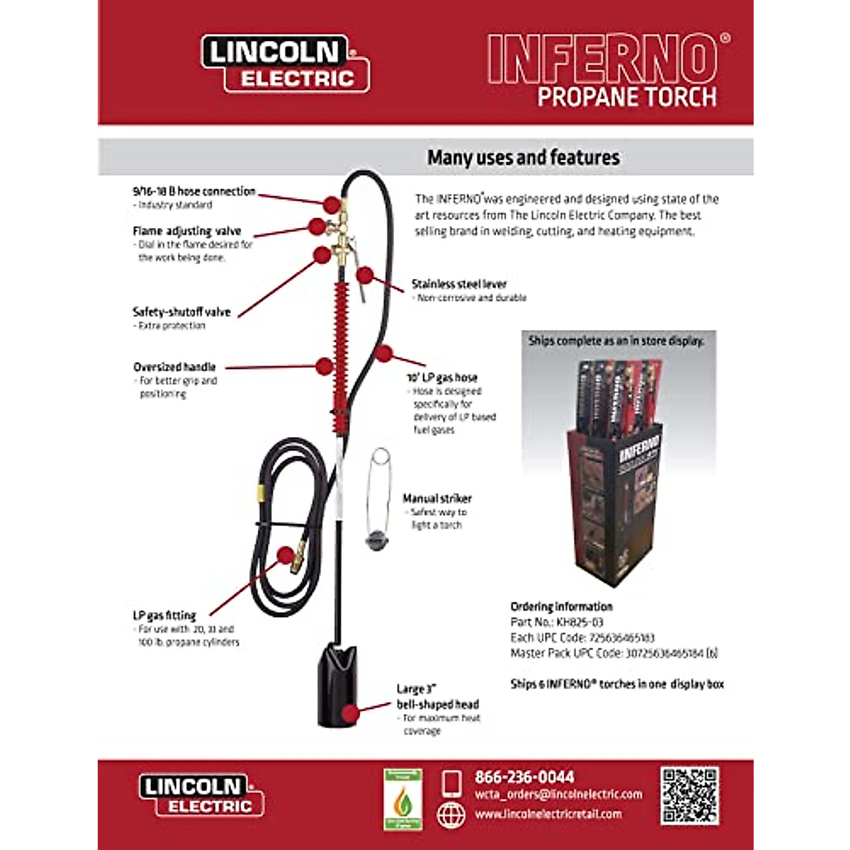 Lincoln Electric Inferno Weed Burner Propane Torch Kit w/ 10” LP Gas Hose and Flint Striker, 500,000 BTU High Output, Heavy Duty for Road Repair, Roof, Brush, Ice Snow Melter, KH825-03