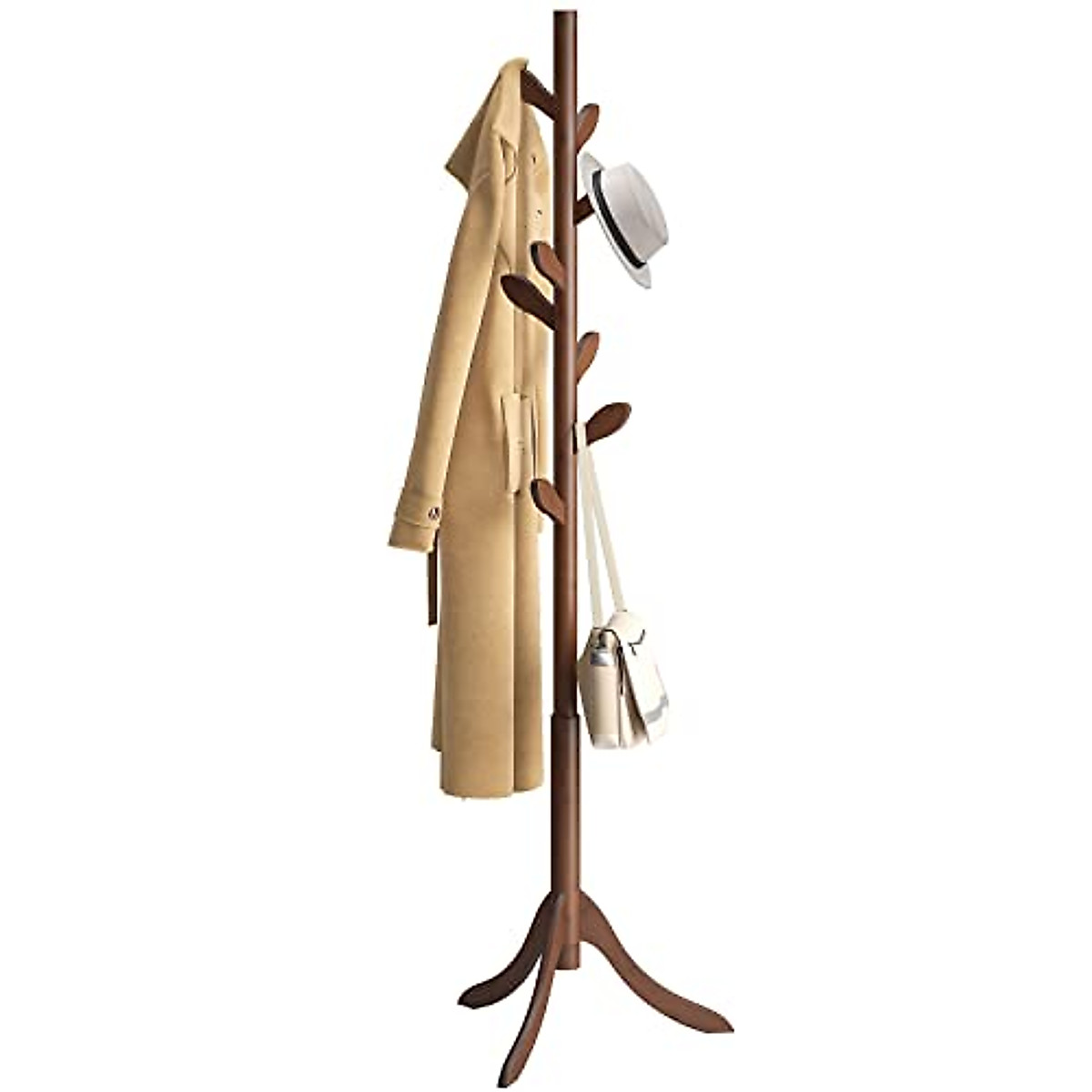 Coat Rack Freestanding Bamboo Coat TreeCoat Rack Standing Adjustable Coat With 3 Sections 8 Coat Hooks Easy Assemble Coat Hanger For Closet Hats Bedroom Office Entryway Leaf Hook(Brown)
