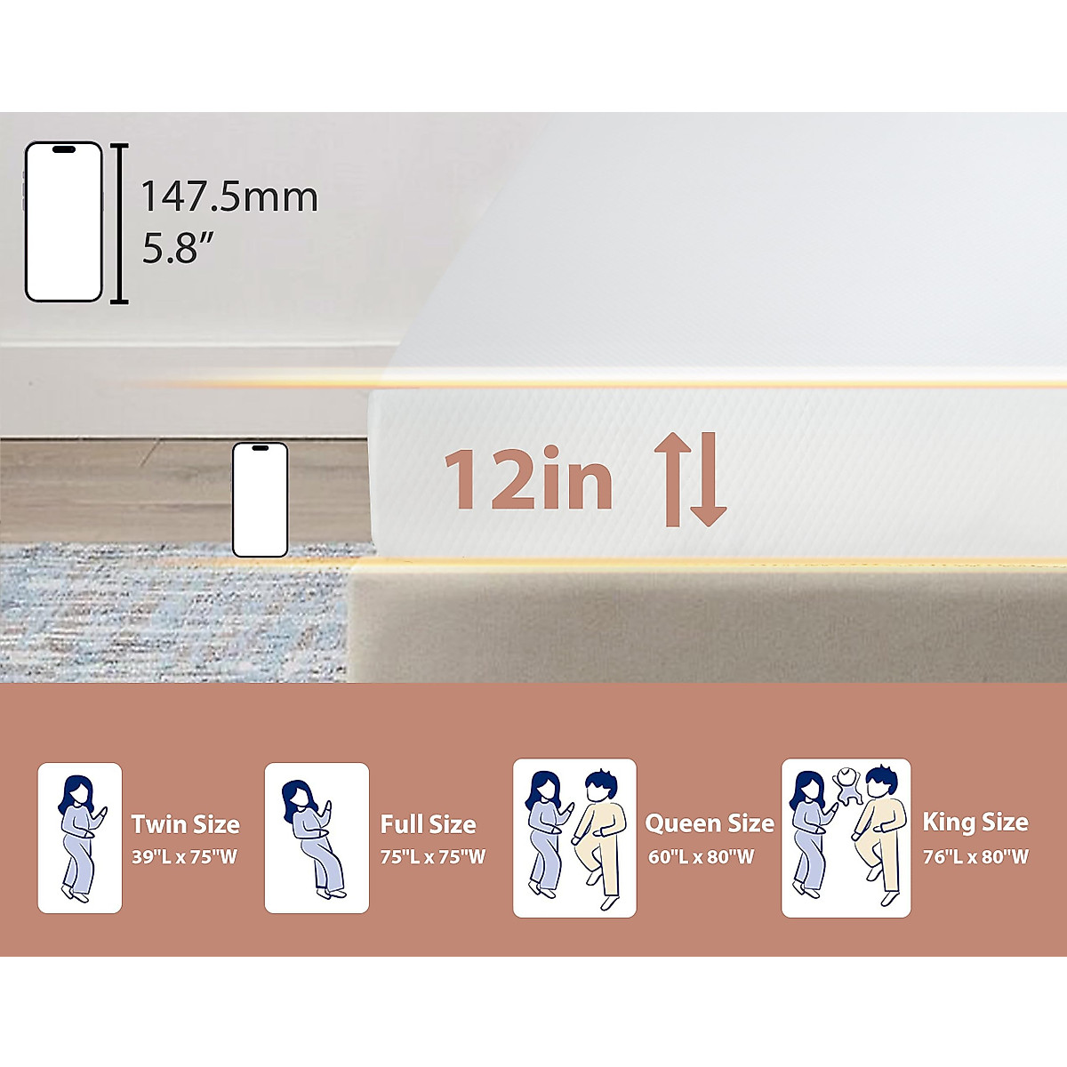 Capacmkseh 12 inch King Size Mattress, Memory Foam Mattress for Pressure Relief, Medium Firm Mattress Zoned Pressure Relief Pad Mattresses, Bed in a Box, CertiPUR-US Certified Fiberglass Free