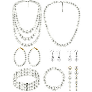 BBTO 8 Pcs Pearl Necklace and Earrings Set for Women Pearl Jewelry Set Faux Pearl Necklace Earrings Simulated Pearl Bracelets (Elegant Style)