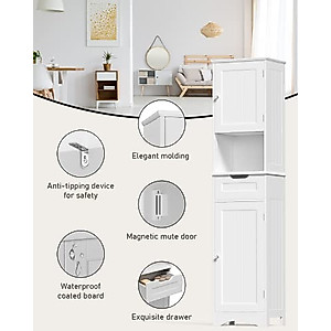 Gizoon 67" H Tall Bathroom Storage Cabinet w/ 2 Doors & 1 Drawer, Narrow Linen Tower Freestanding w/Adjustable Shelves for Home, Kitchen, Versatile, Anti-Tipping, White