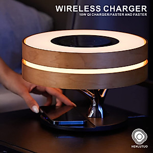 HENLUTUO Maple Log Table lamp with 10W Wireless Charge 2 * 5W Bluetooth Speaker bass LED Light Shade Sleep Mode Smart Touch Slide & Step-Less Dimming Original 3 in 1 Smart Lamp