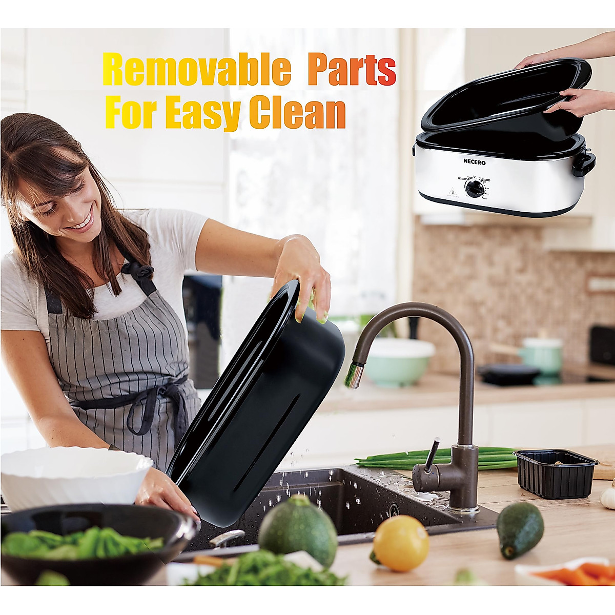 NECERO Roaster Oven 28 Quart Electric, Electric Roaster Pan with Visible&Self-Basting Lid, Large Stainless Steel Electric Turkey Roaster Oven Defrost Warm Function, Removable Pan Rack, Up To 24LB