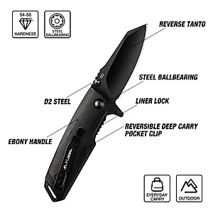 FLISSA Pocket Knife, 3.5" Pocket Folding Knife, 2-3/4" D2 Steel Blade