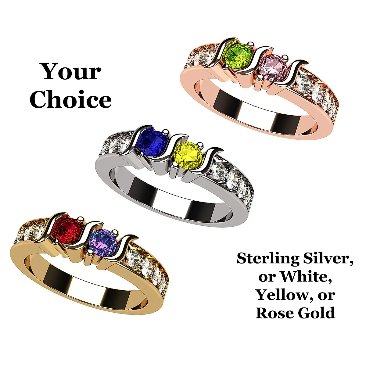 Central Diamond Center S-Bar W/Sides Couple's Ring with His & Hers Simulated Birthstones - 10k Yellow Gold - Size 8