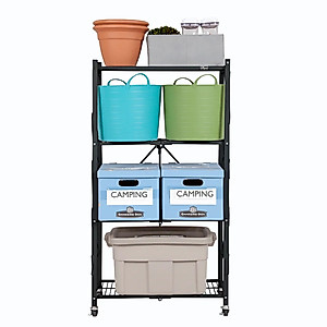 Origami 4 Tier Folding Storage Powder Coated Steel Garage Shelving Unit Indoor Home Portable Organizer Rack with Wheels, Set of 2, Black