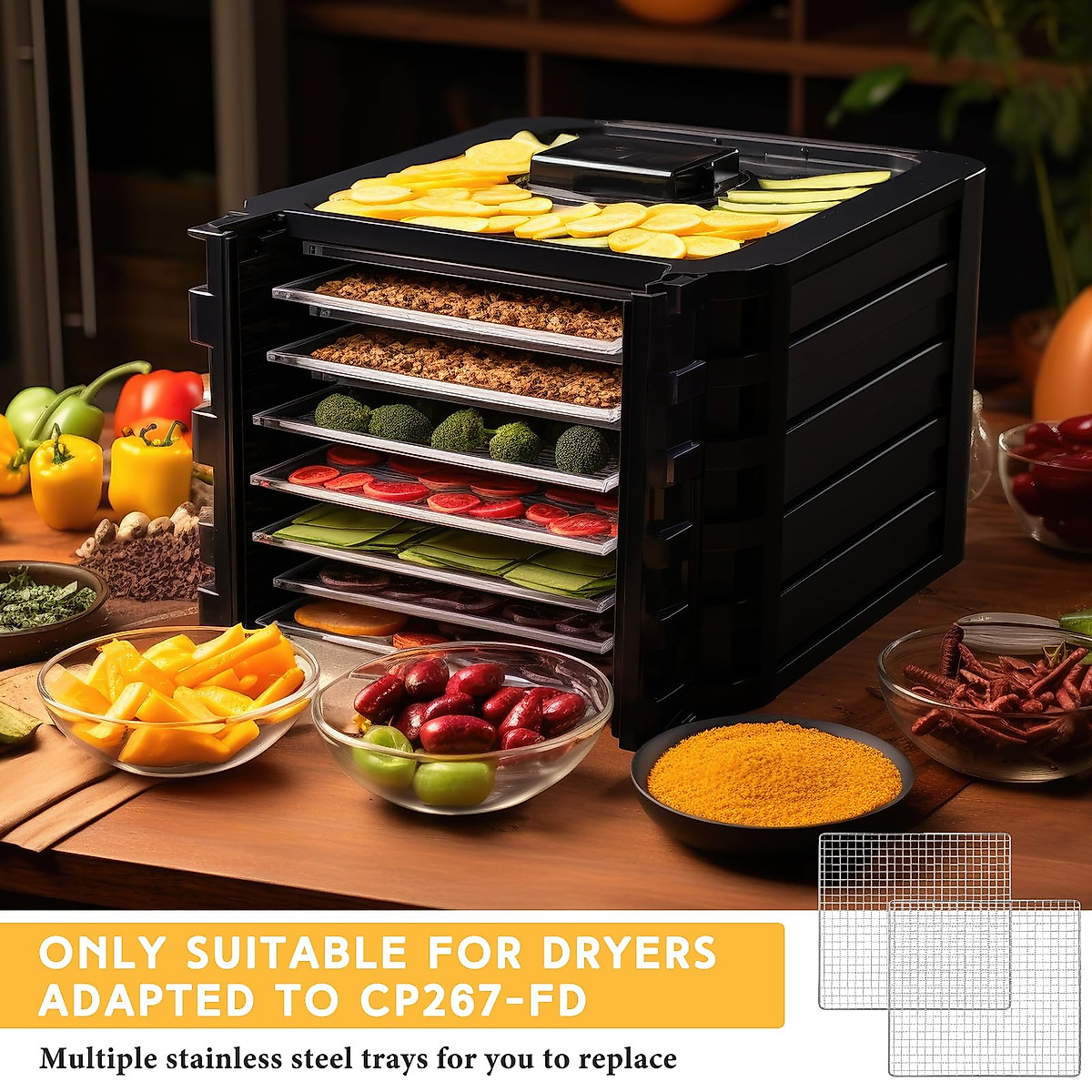 13 x 12 Inches Dehydrator Trays Compatible with CP267-FD Only Stainless Steel Dehydrator Drying Mesh Screens Stainless Steel Tray for Dehydrator Drying Fruit Food(4 Pcs)