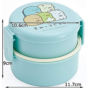 Skater Sumikkogurashi 2 Tier Round Bento Lunch Box with Folk (17oz) - Authentic Japanese Design - Microwave Safe - Blue