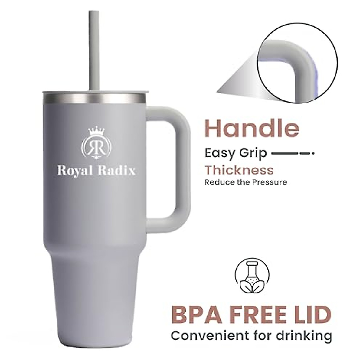 Royal Radix 40oz Insulated Tumbler with Handle & Straw, Stainless Steel Travel Mug, Leak-Proof, Hot & Cold Beverage Cup, BPA-Free, Dishwasher Safe, for Coffee & Water