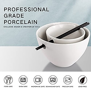 AVLA 2 Pack Porcelain Ramen Bowls, 15/26 OZ Japanese Udon Noodle Miso Bowls with Chopsticks, Deep Soup Bowl Set with Holes for Pho, Soba, Dipping Dishes, Dishwasher and Microwave Safe