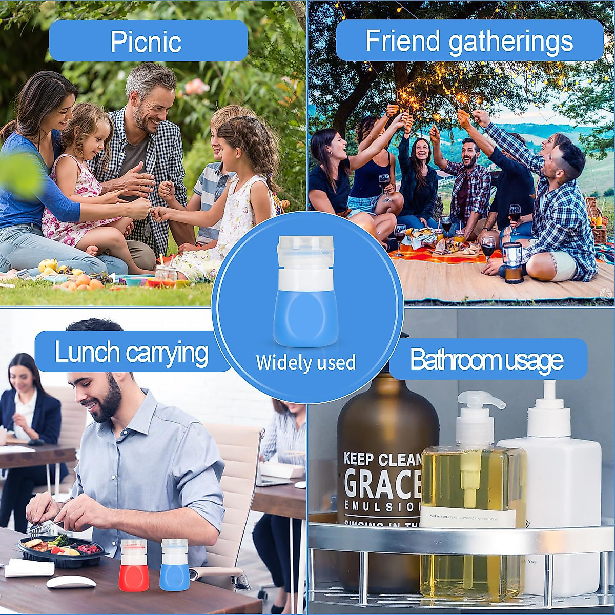 Timiuu Squeeze Salad Dressing Bottles with Cleaning Brush | Portable Sauce Bottles Condiment Bottles | Dressing to Go for Lunch | 3 OZ, Set of 4 | Food-Grade Silicone, BPA Free