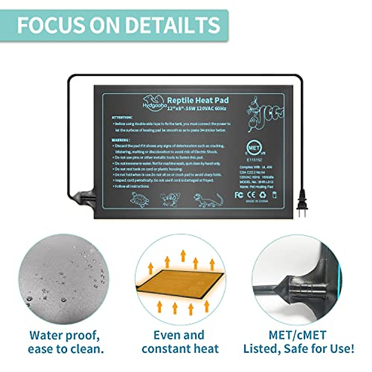 HYDGOOHO Reptile Heat Pad with Thermostat Under Tank Terrarium Heater MET Approved Waterproof Heat Mat Terrarium Accessories for Snake Lizard Hermit Crab Turtle Frog Spiders (8X12`` Pad +Thermostat)