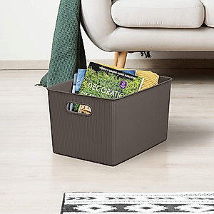 Superio Ribbed Collection - Decorative Plastic Lidded Home Storage Bins Organizer Baskets, X-Large Brown (2 Pack - 22 Liter) Stackable Container Box, for Organizing Closet Shelves Drawer Shelf