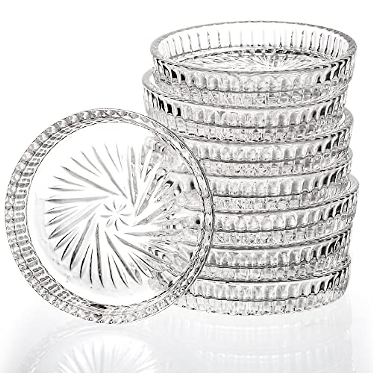 AVLA 8 Pack Crystal Drink Coasters, Glass Round Cup Mat, Clear Decorative Wine Bottle Coasters Barware Set for Table Protection of Home Kitchen, Dining Room, Patio, Coffee Shop, 3.75", Carved Design