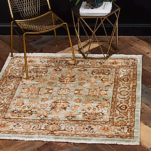 Unique Loom Dorchester Collection Botanical, Border, Traditional Area Rug (4' 5 x 4' 5 Square, Light Green/ Tan)