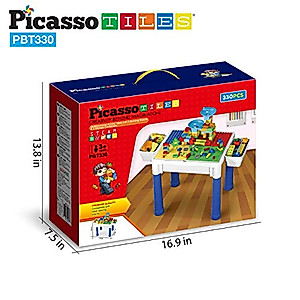PicassoTiles Kids Activity Center Play Table & Study Desk Set Sandbox Water Tight Container Storage All-in-1 STEM Toy Kit Playset with 331pc Dual Size Building Bricks Construction Blocks Marble Run