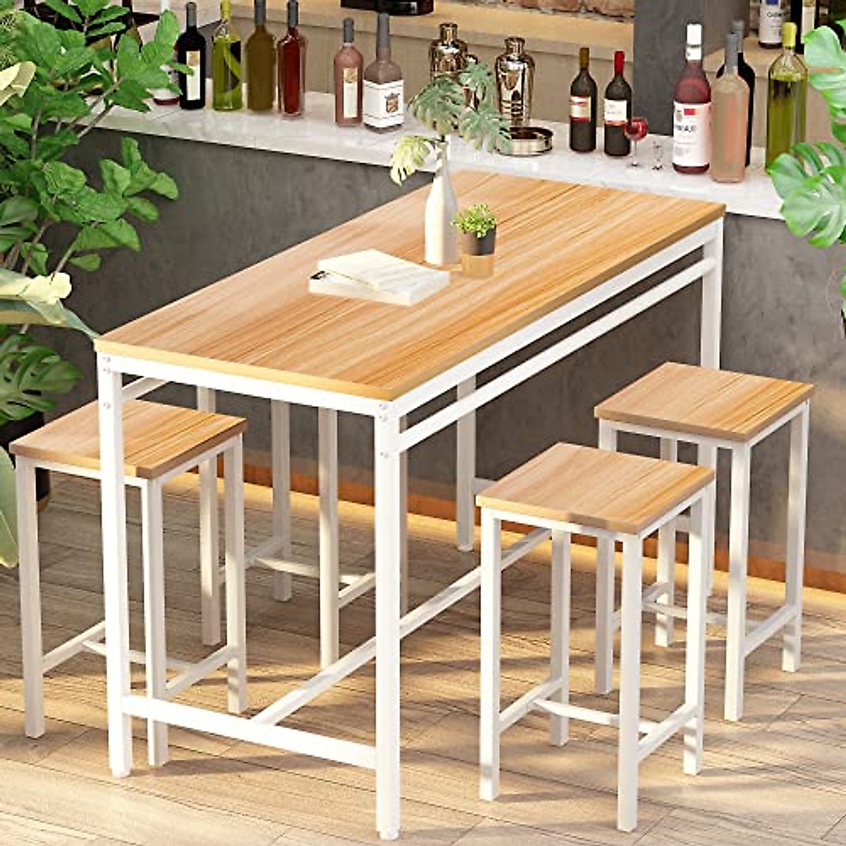 Recaceik Dining Table Set for 4 Kitchen Table and Chairs Set of 4, 5 Pieces Bar Table Set with 4 Stools Counter Height Dining Room Table with Metal Legs for Dinette Breakfast Nook, 47'' Walnut