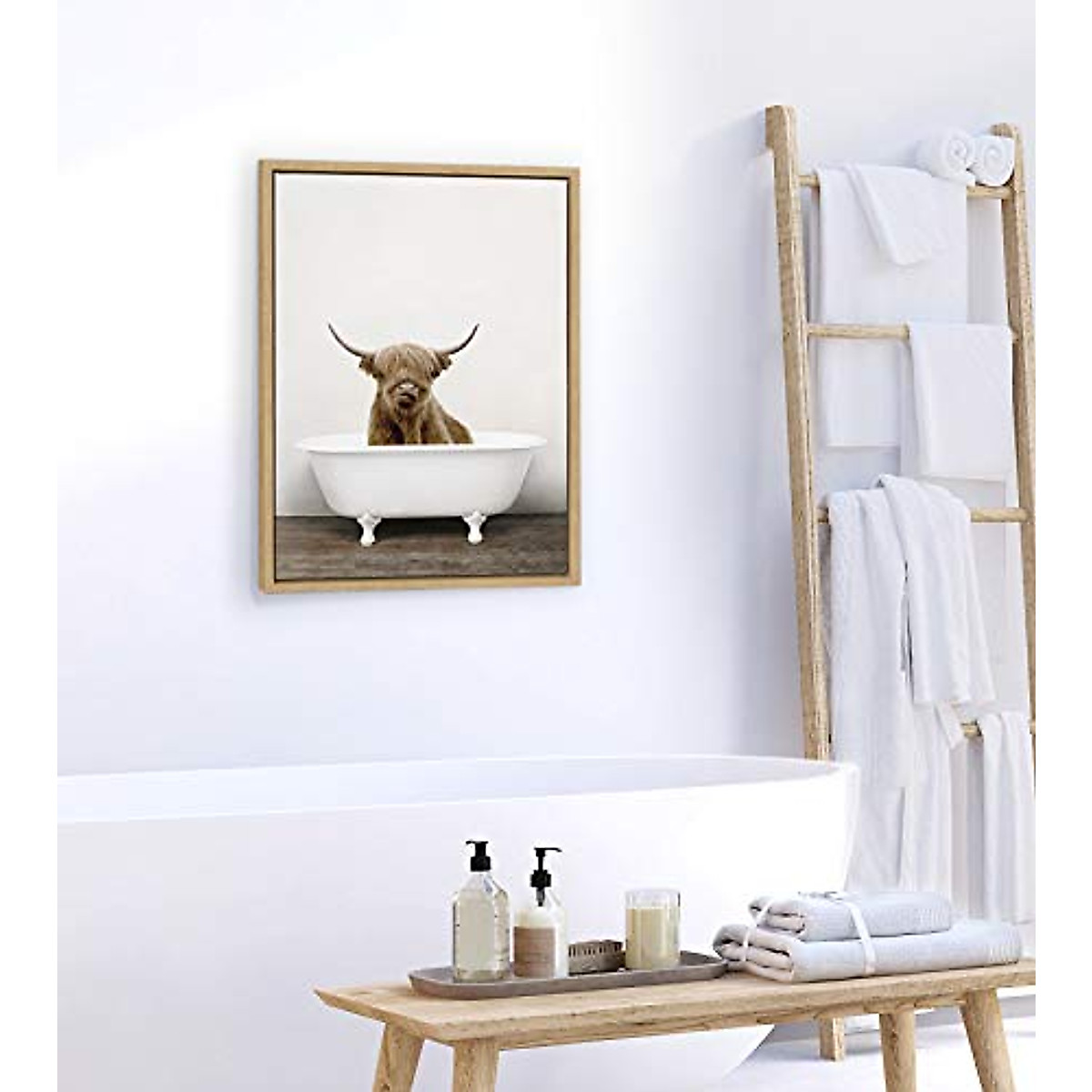 Kate and Laurel Sylvie Highland Cow in Tub Color Framed Canvas Wall Art by Amy Peterson, 18x24 Natural, Chic Animal Art for Wall
