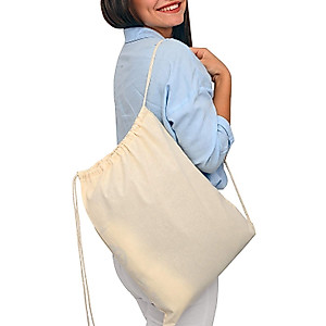 TBF (12 Pack) Set of 12 Durable Cotton Canvas Drawstring Backpack Bags 14" W x 16" H (Natural)