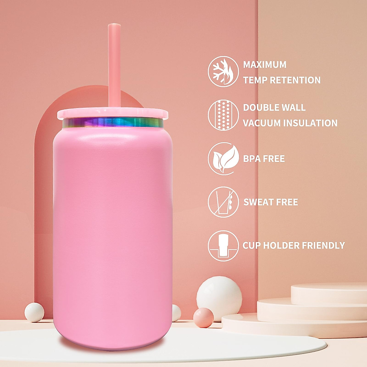 Glass Cups with Lids and Straws, 16 oz Stainless Steel Cups, Insulated Skinny Tumbler, Powder Coated Travel Mugs for Laser Engrave, Iced Coffee Cup for Smoothie Water DIY Gift (Pink,1 pack)