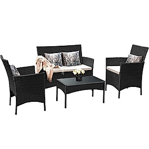 MGHH Patio Furniture Set 4 Pieces Outdoor Furniture Wicker Patio Conversation Sets Rattan Chairs with Soft Cushion and Glass Table for Pool Backyard Garden Balcony Porch Small Space,Black and Khaki