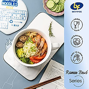 BF BEVYFOG Ramen Bowl Set with Chopsticks 32 OZ Large Ceramic Instant Ramen Noodle Bowls with Lid Gift Wrap Cute Japanese Soup Bowl with Handle, Microwave Safe (Blue)