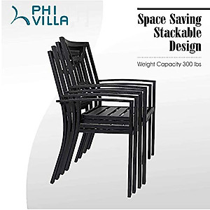 PHI VILLA 7 Piece Outdoor Dining Table Set, 61"x37" Rectangular Dining Table with Wood Top & 1.56” Umbrella Hole and 6 Metal Chairs for Patio, Deck
