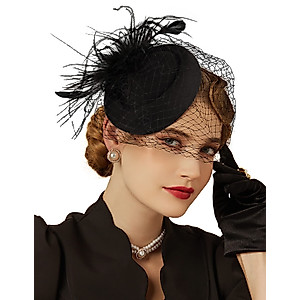 Cizoe Fascinators Hats 20s 50s Hat Pillbox Hat Cocktail Tea Party Headwear with Veil for Girls and Women(1-B1-black)