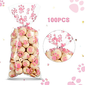 100 Pieces Pet Paw Print Cone Cellophane Bags Heat Sealable Candy Bags Dog Paw Gift Bags Cat Treat Bags with 100 Pieces Silver Twist Ties for Pet Treat Party Favor (Pink)