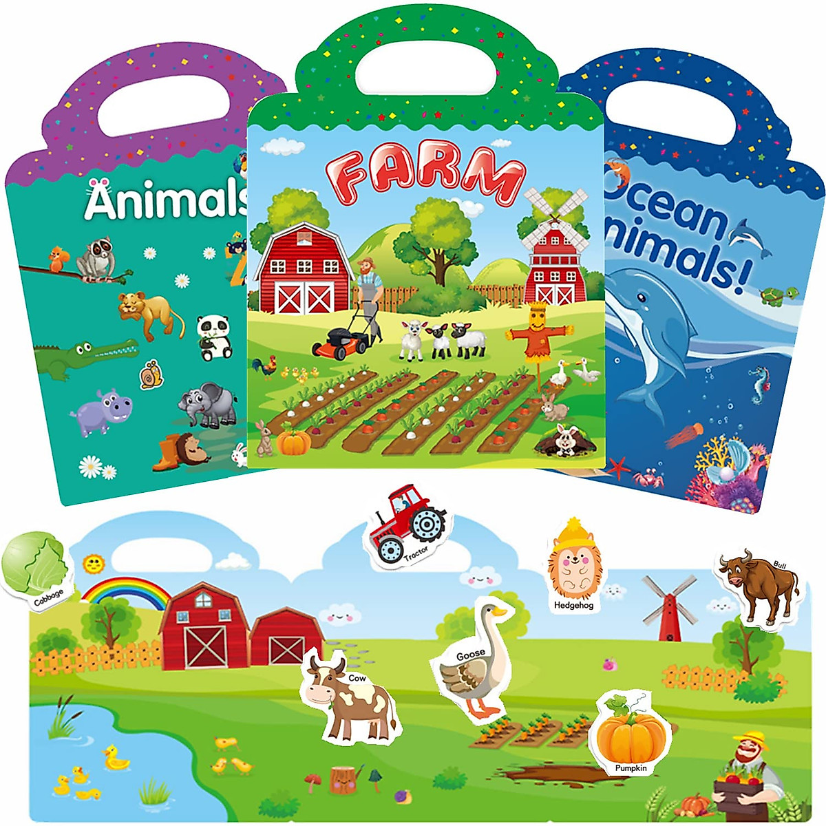 Sticker Books for Kids 2-4, Reusable Sticker Books for Toddlers 1-3 Farm, Ocean and Animals Theme Activity Books Stickers for Girls Boys Preschool Education Learning Toys Birthday Gift